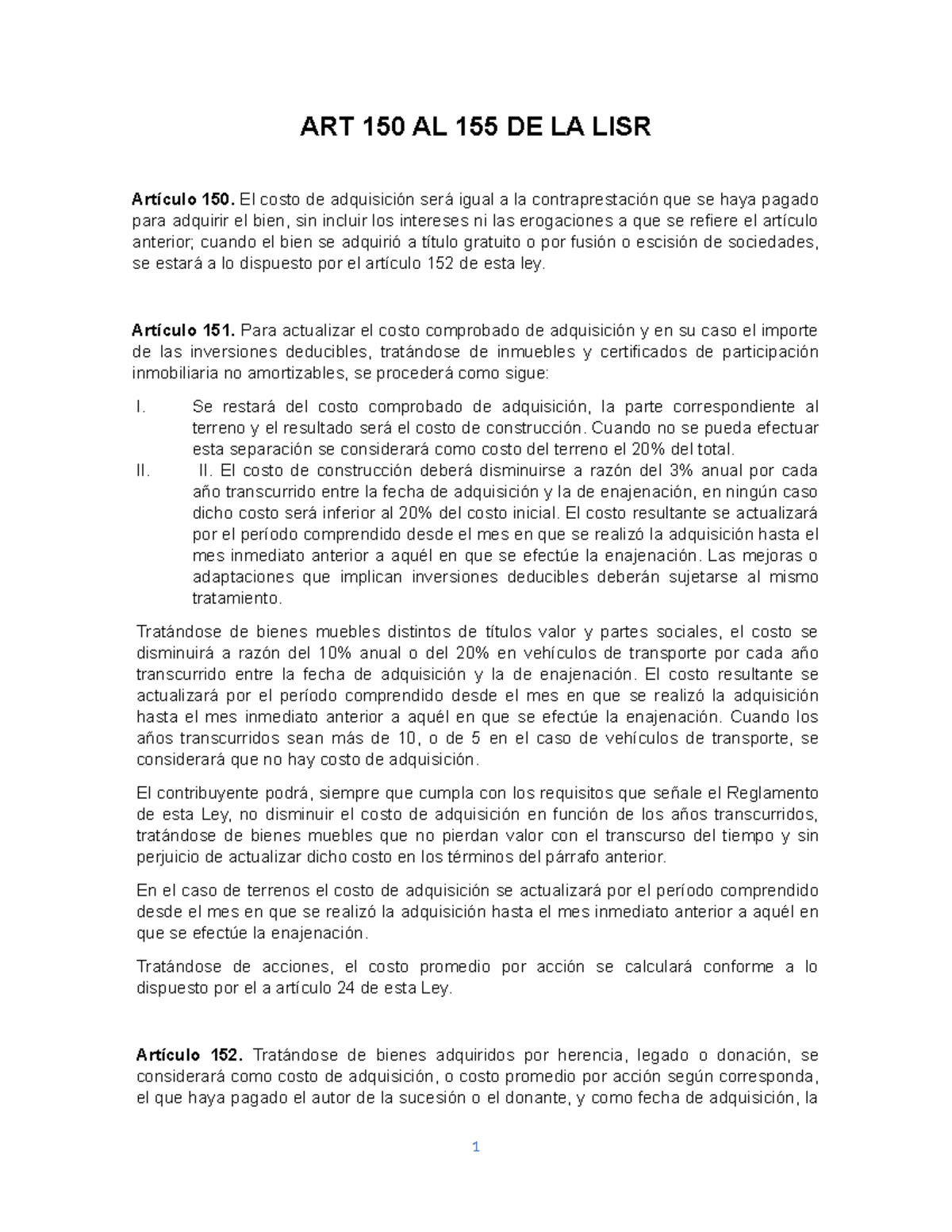 Articulo 150 AL 155 DE LA LISR - ART 150 AL 155 DE LA LISR Artículo 150 ...