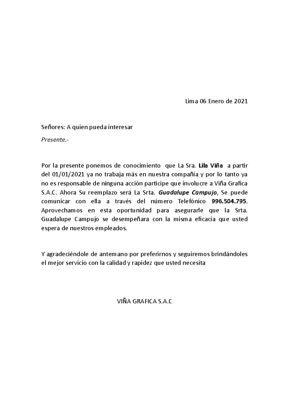 Carta presentacion - Lima 06 Enero de 2021 Señores: A quien pueda ...