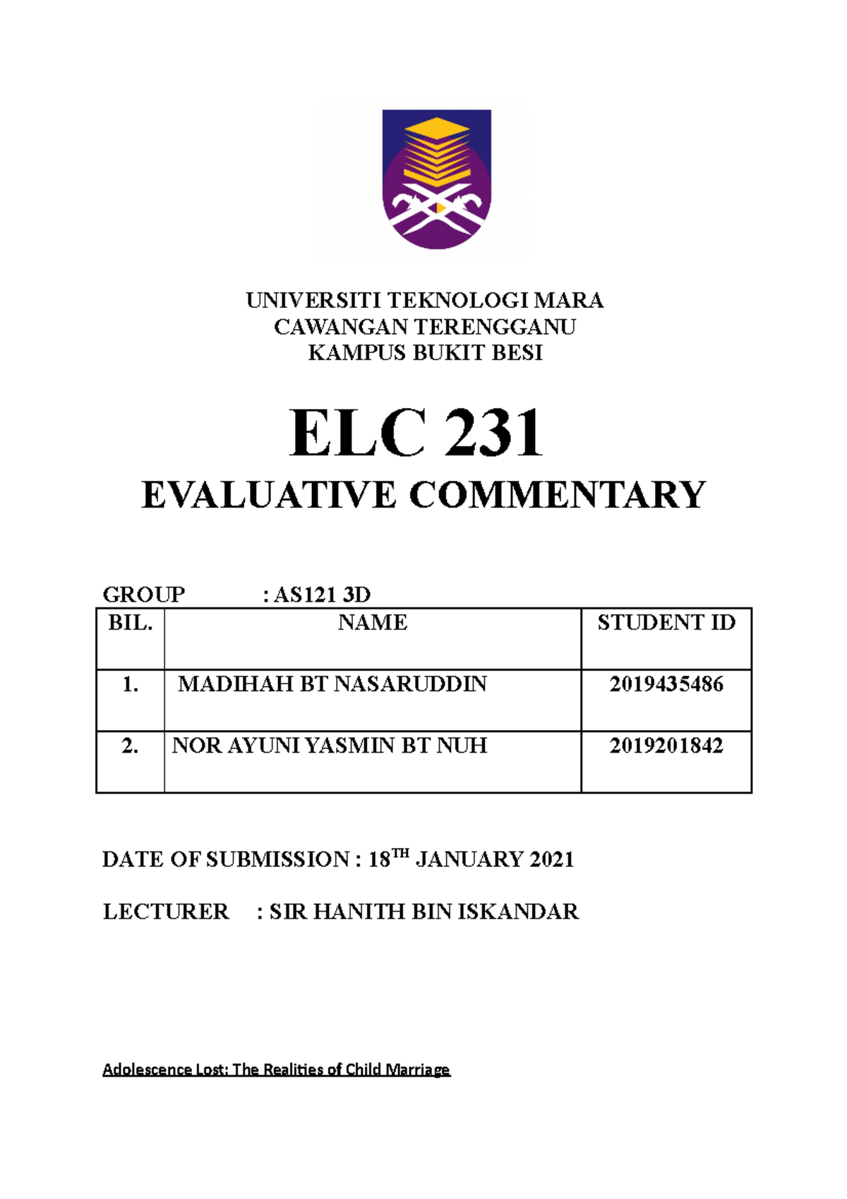 ELC 231 Evaluative Commentary - UNIVERSITI TEKNOLOGI MARA CAWANGAN TERENGGANU KAMPUS BUKIT BESI ...