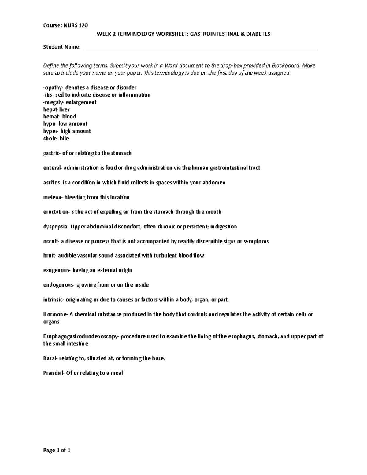 NURS 120 - Terminology Worksheet Week 2 - Course: NURS 120 WEEK 2 ...