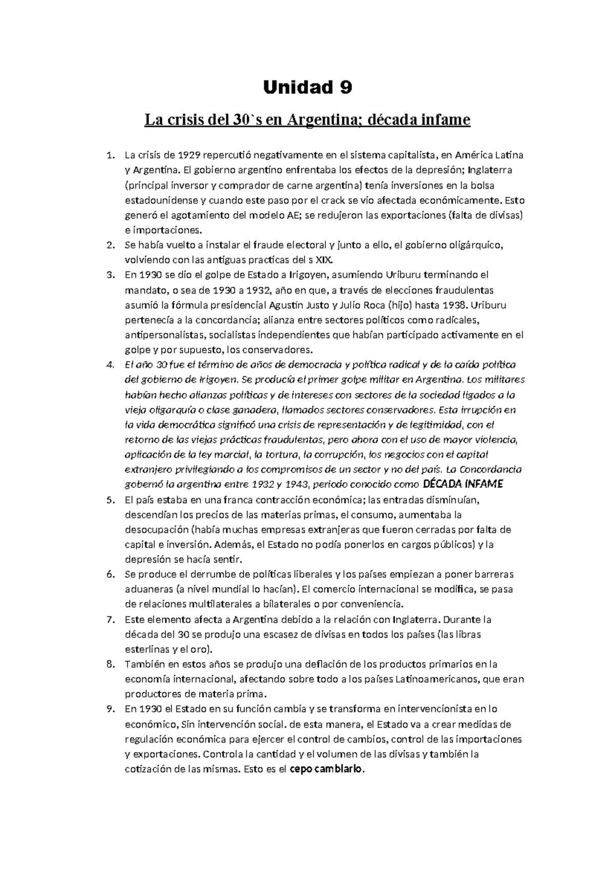 Unidad 9- Historia - Unidad 9 La crisis del 30`s en Argentina; década infame 1. La crisis de ...