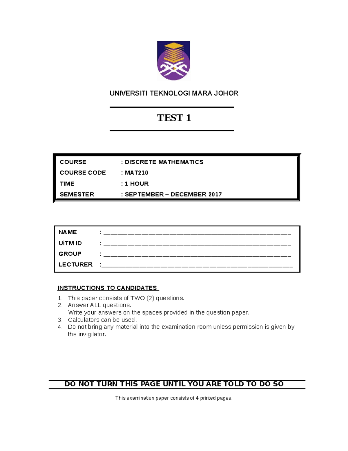 Contoh test 1 - assessment - UNIVERSITI TEKNOLOGI MARA JOHOR TEST 1 ...