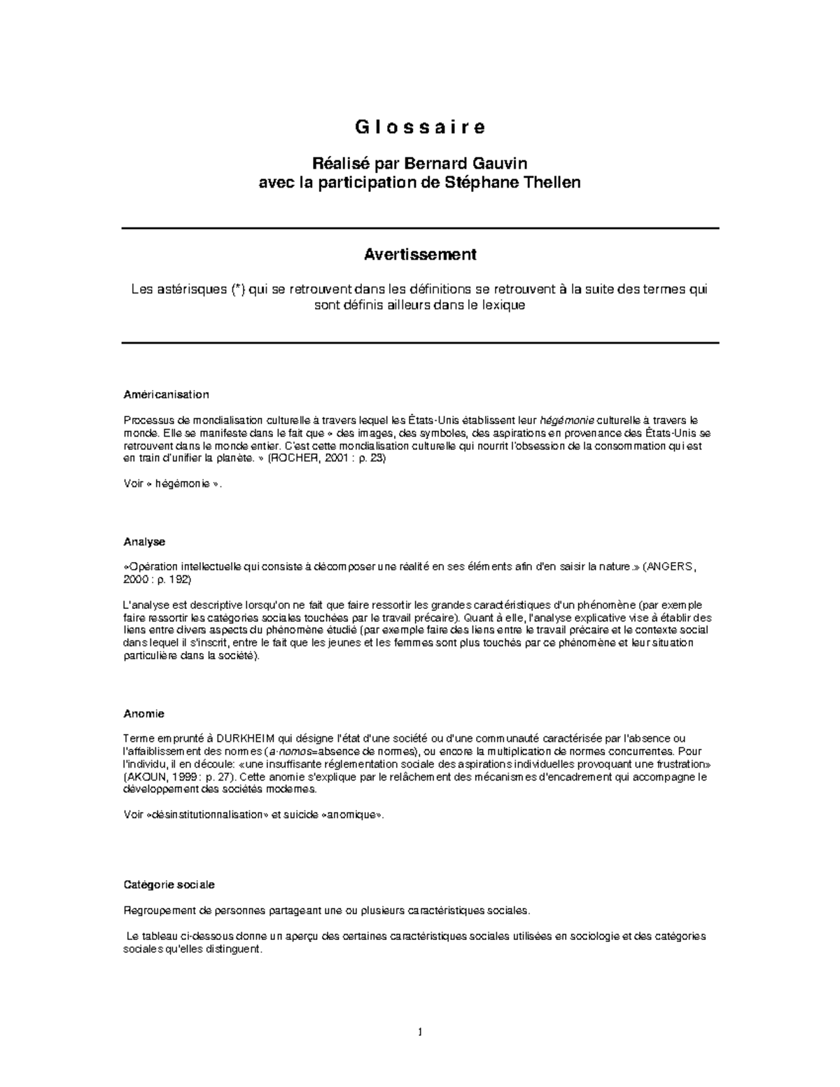 Glossaire - G l o s s a i r e Réalisé par Bernard Gauvin avec la ...