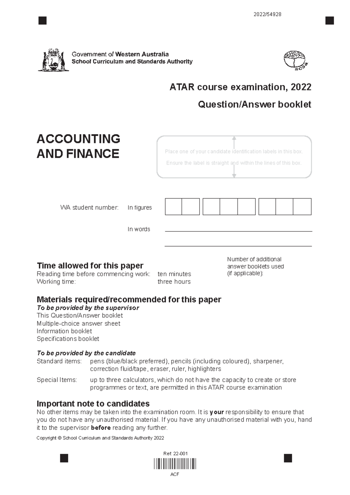 2022-ACF-Examination - WA student number: In figures In words ATAR ...