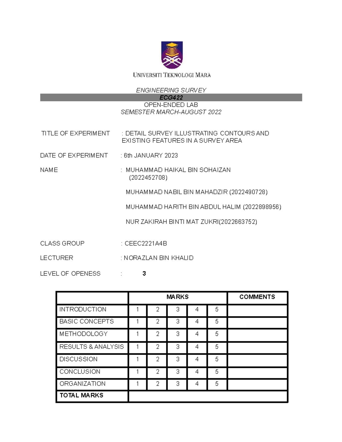 1A4B Group 1 Project 5 ECG422 LAB Report.docx - ENGINEERING SURVEY ECG ...