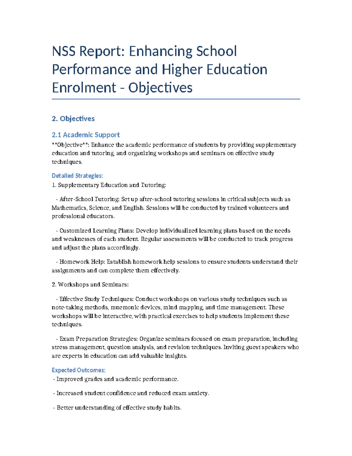 NSS Report Enhanced Objectives - NSS Report: Enhancing School ...