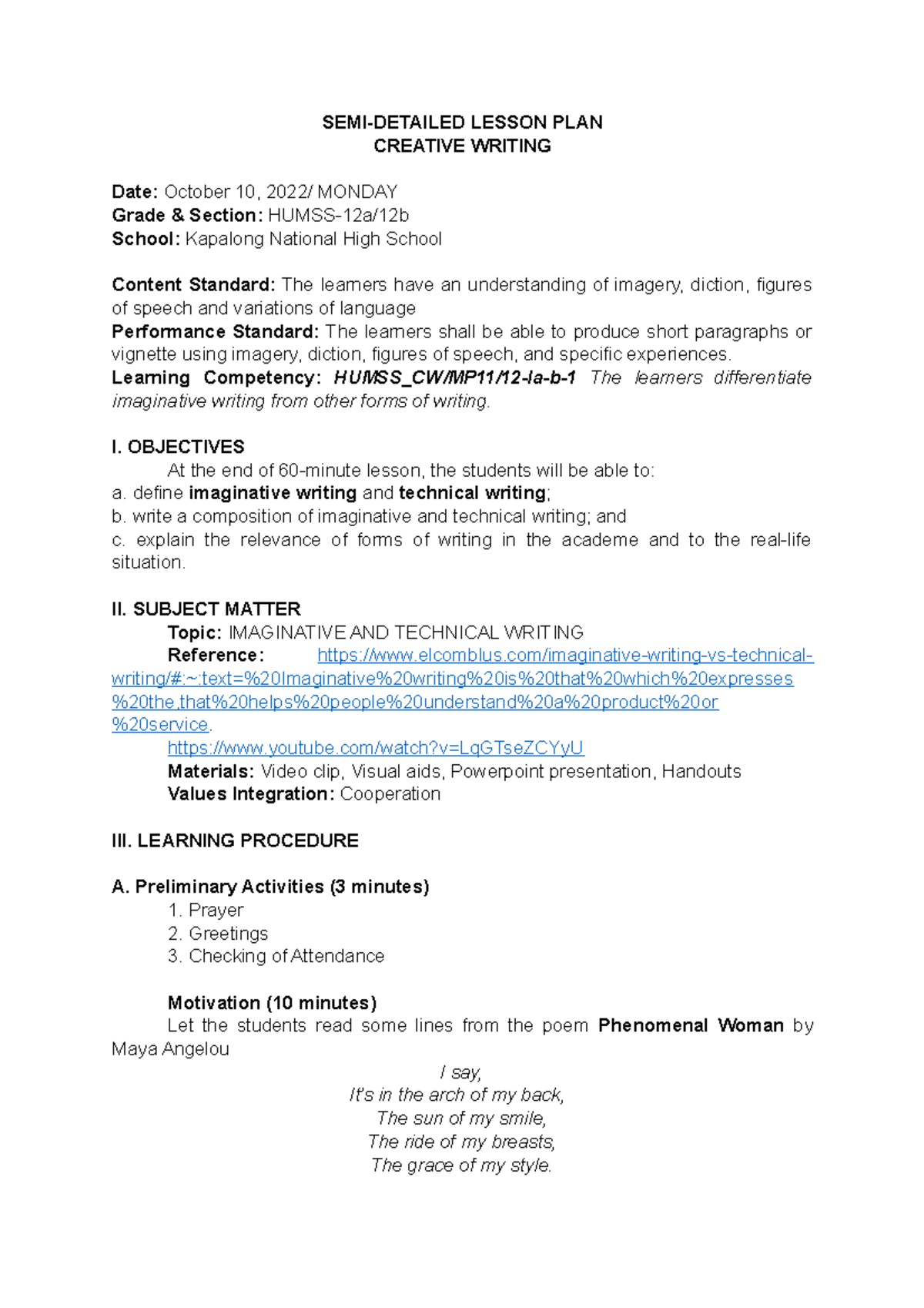 L1 Creative Writing SEMI DETAILED LESSON PLAN CREATIVE WRITING Date 