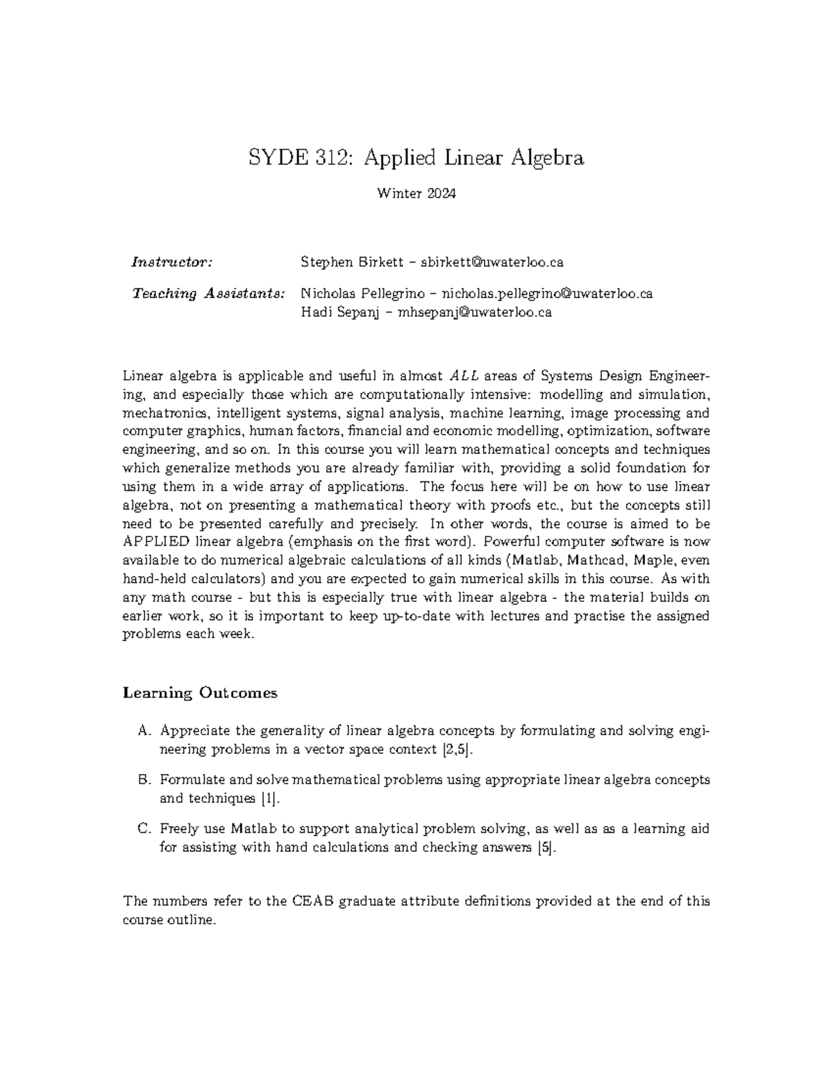 Syllabus - Summary Applied Linear Algebra - SYDE 312: Applied Linear ...