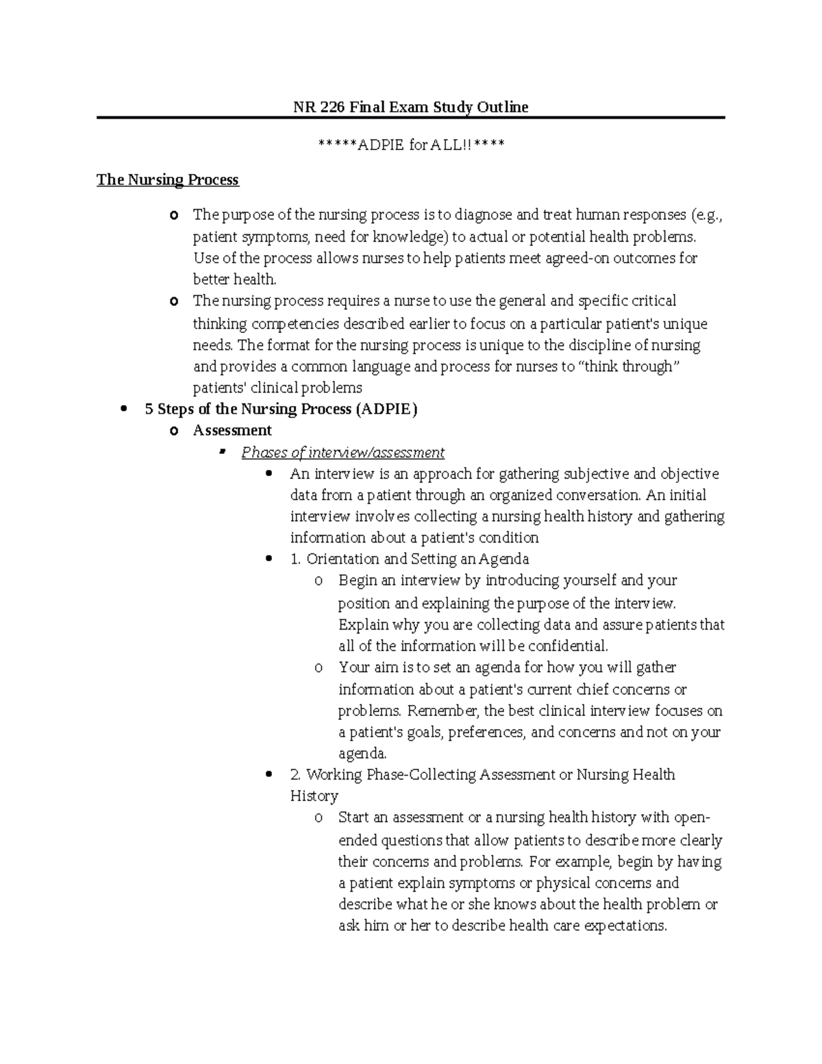 NR 226 Final Exam Study Outline: Nursing Process and Assessment - Studocu