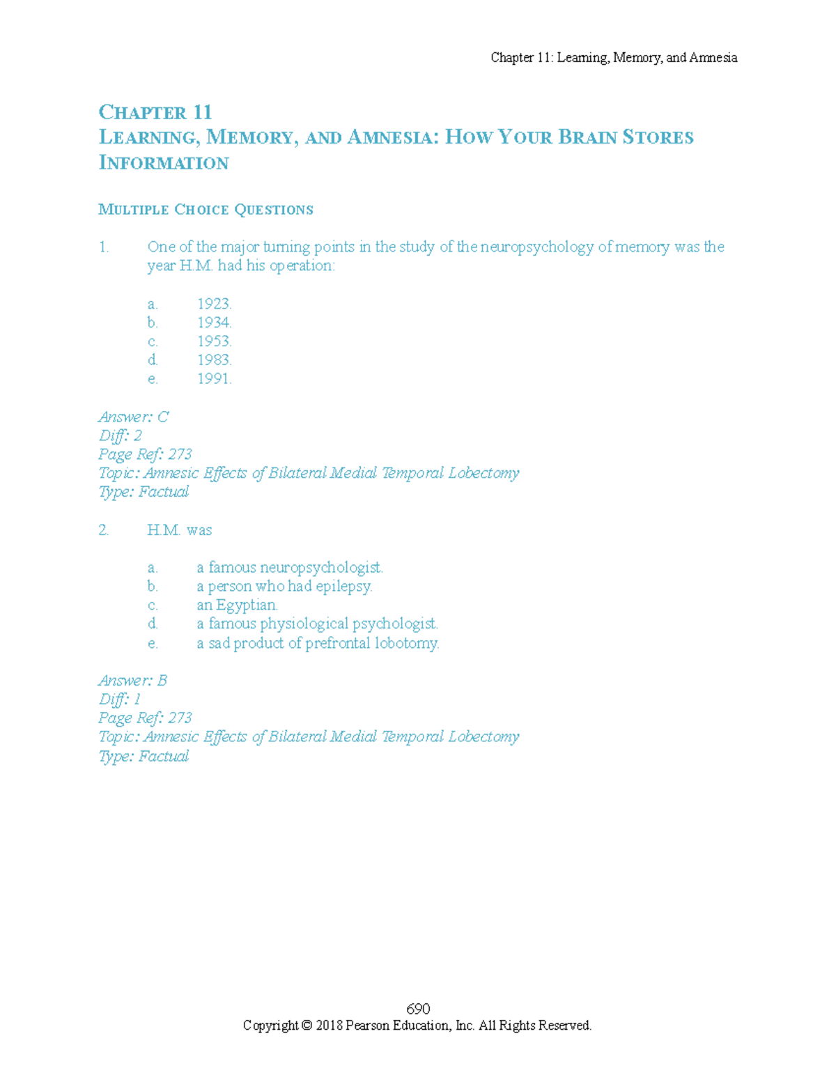 Pinel TB 11 - Chapter 11 Problem sets with Solutions - CHAPTER 11 LEARNING, MEMORY, AND AMNESIA ...