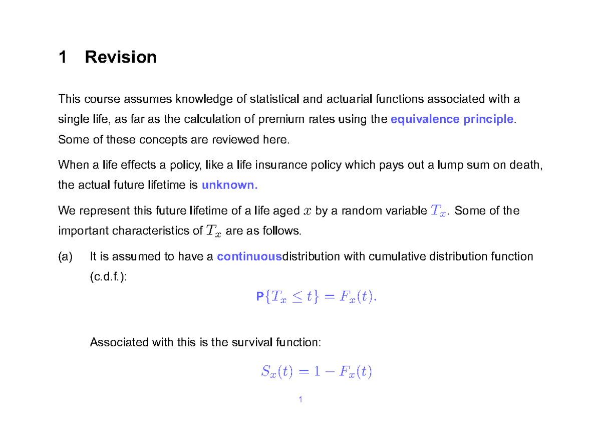 Actuarial notes 1 - www - 1 Revision This course assumes knowledge of ...