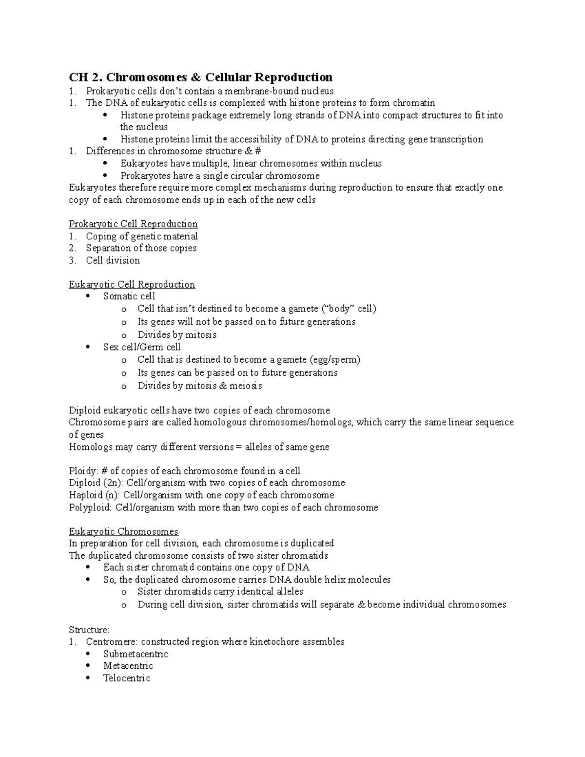 PBC 3063 CH 2 - Professor Matthew Tye - CH 2. Chromosomes & Cellular ...