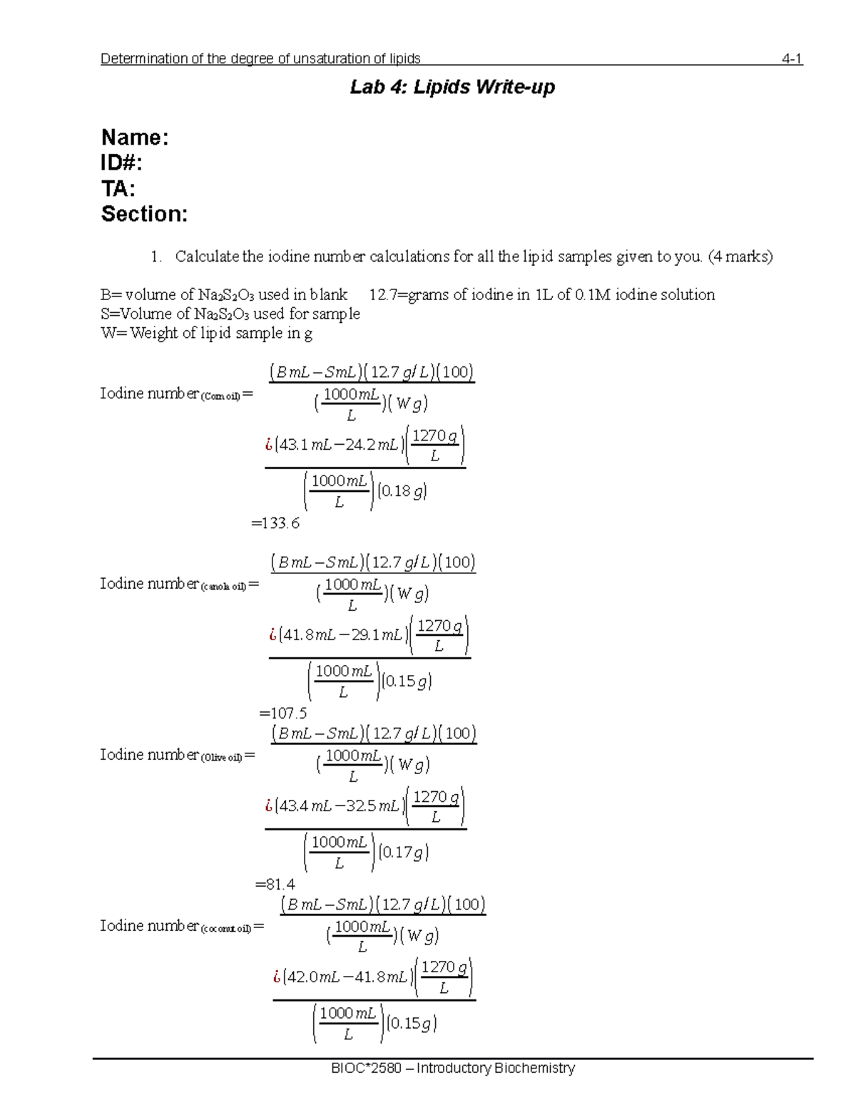 Lipid Lab Write-up - Determination of the degree of unsaturation of ...