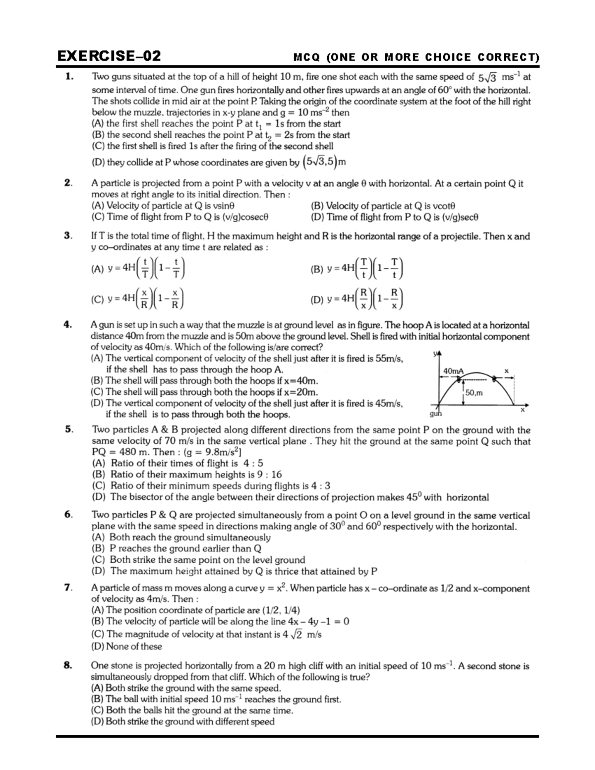 Projectile Moton Exercise -2 1712926035270 - Engineering Mechanics - EXERCISE–02 MCQ (ONE OR ...