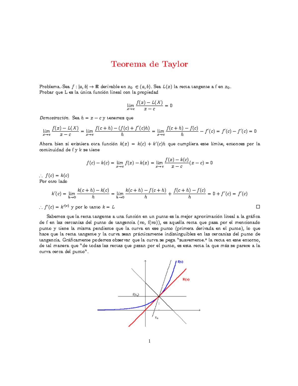 Guía de derivadas V - Teorema de Taylor f : R derivable en x0 (a, b ...