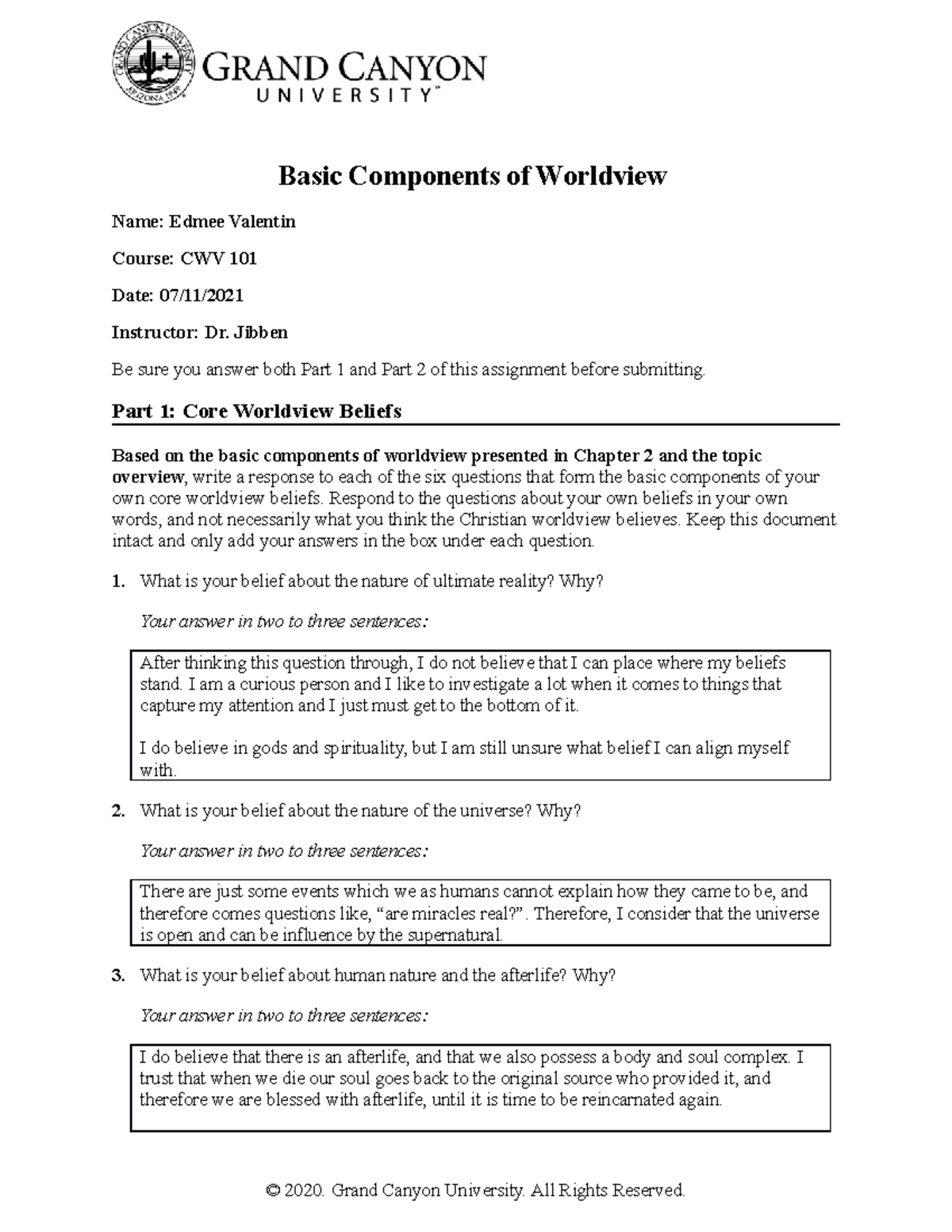 T1 Basic Components Of Worldview - Basic Components of Worldview Name ...
