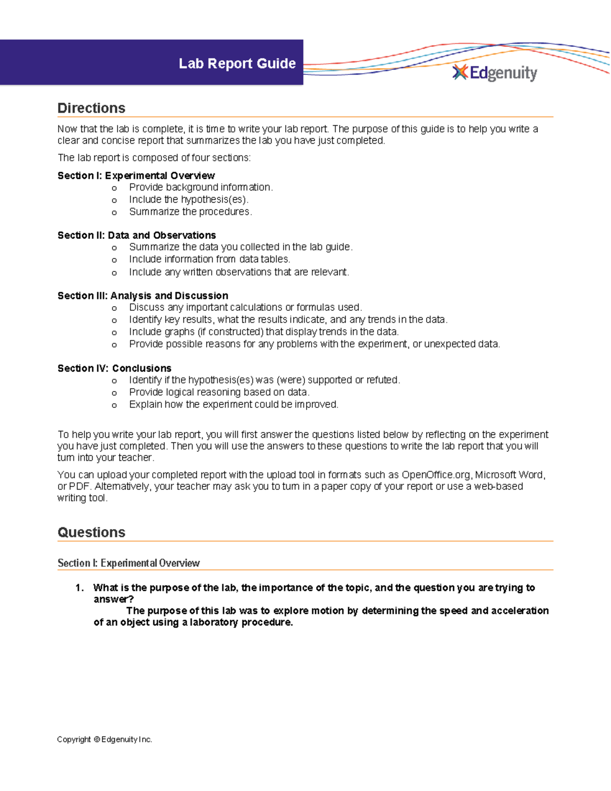 Lab Report Guide - for class - Directions Now that the lab is complete ...
