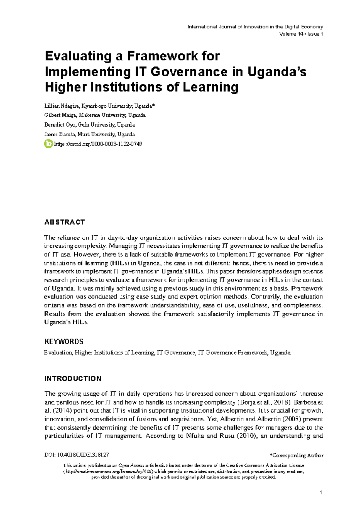 Evaluating a Framework for Implementing - DOI: 10/IJIDE. Volume 14 ...