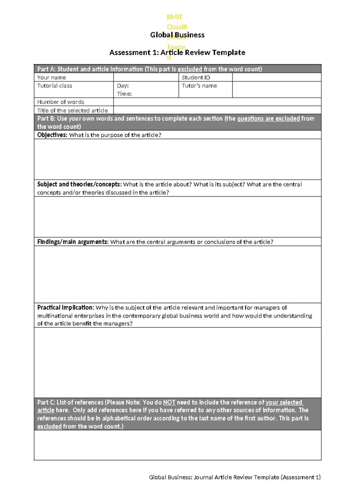 BUSM1222 Article Review Template - RMIT Classifi cation: Truste d Global Business Assessment 1 ...