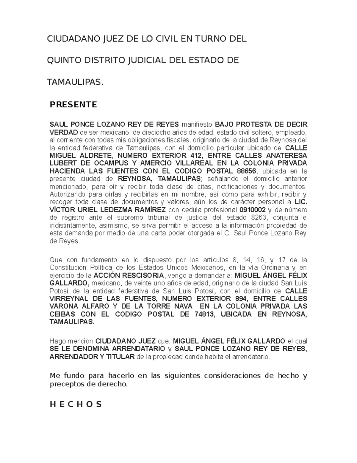 Demanda - Victor Uriel Ledezma Ramirez-1 - PRESENTE SAUL PONCE LOZANO ...