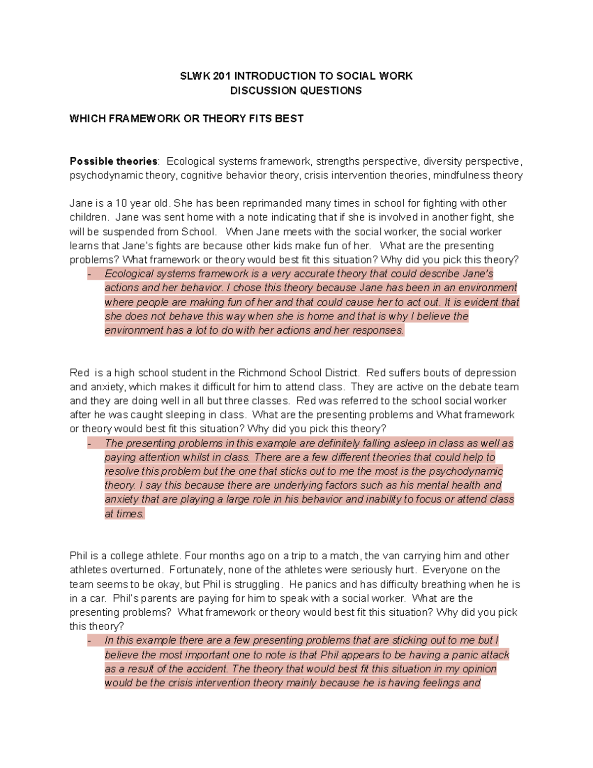 SLWK 201 Group Activity - SLWK 201 INTRODUCTION TO SOCIAL WORK ...