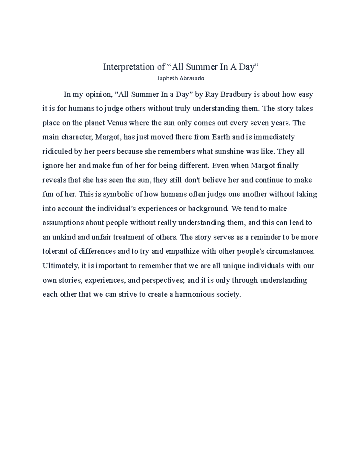 All Summer In A Day-Interpretation - Interpretation of “All Summer In A ...