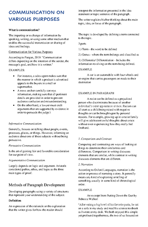 Communication on Various Purposes - COMMUNICATION ON VARIOUS PURPOSES What is communication? The ...