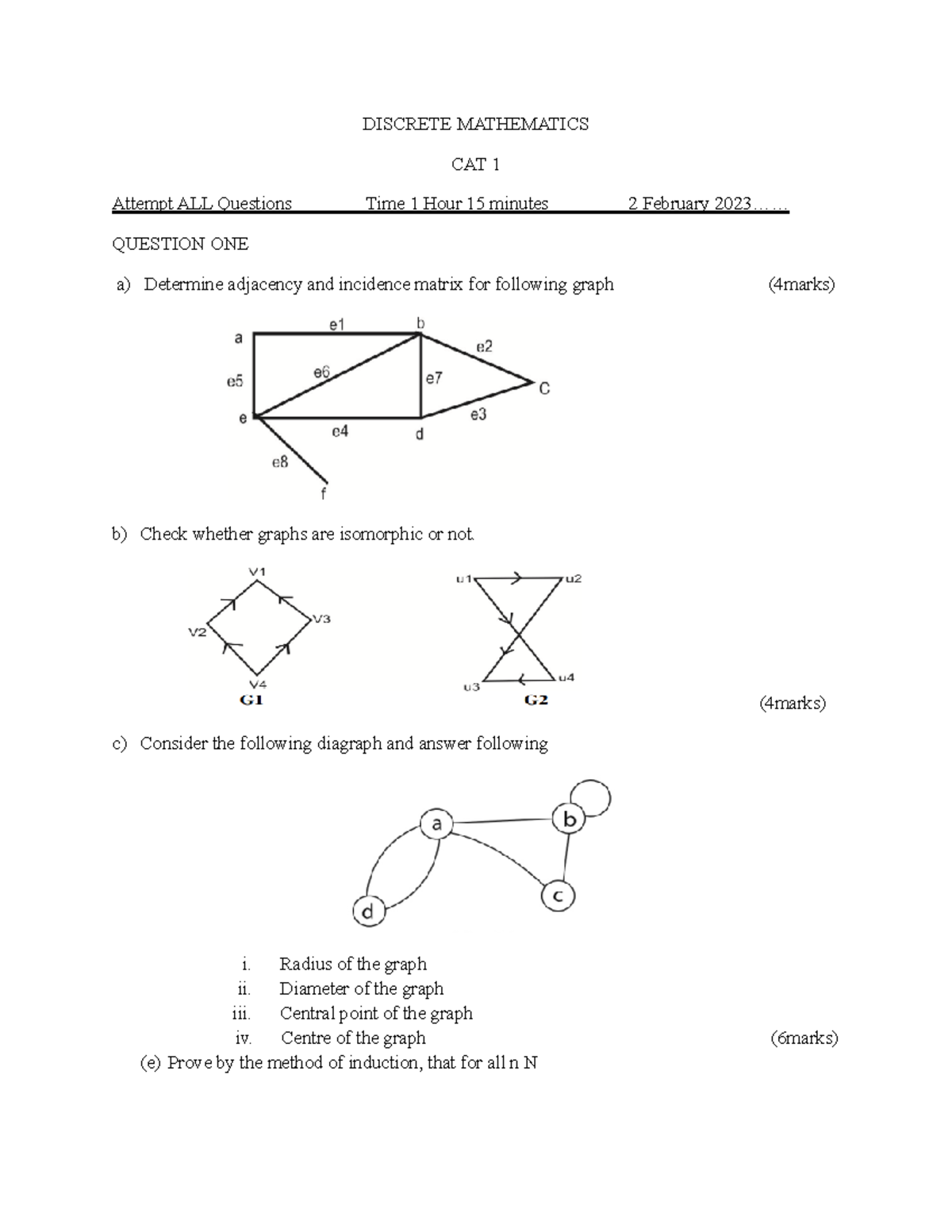 Discrete math CAT - tutorial - DISCRETE MATHEMATICS CAT 1 Attempt ALL Questions Time 1 Hour 15 ...
