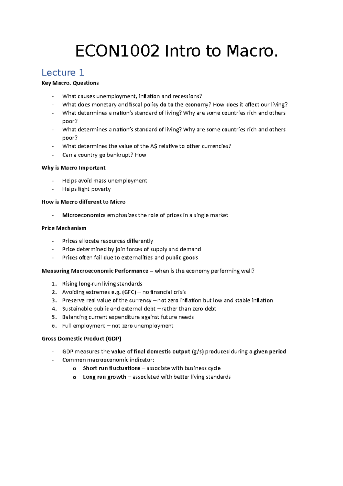 ECON1002 Intro to Macro Notes - ECON1002 Intro to Macro. Lecture 1 Key ...