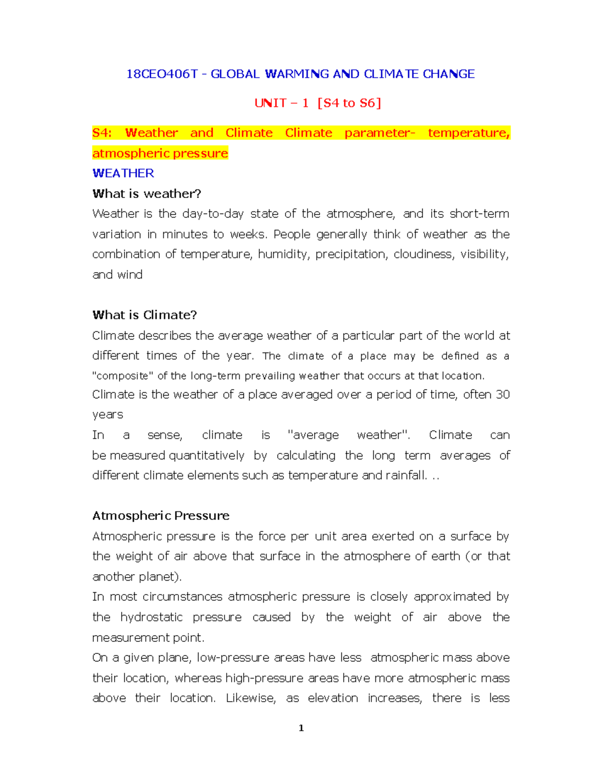 CH1 - 18CEO406T - GLOBAL WARMING AND CLIMATE CHANGE UNIT – 1 [S4 to S6 ...