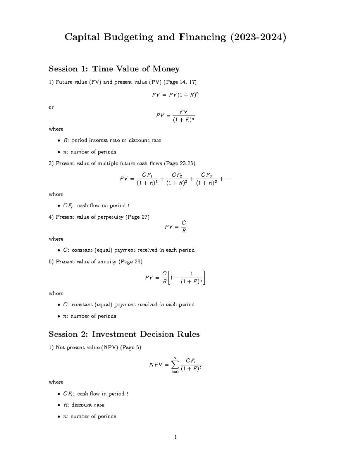 Summary of formulas - Capital Budgeting and Financing (2023-2024 ...