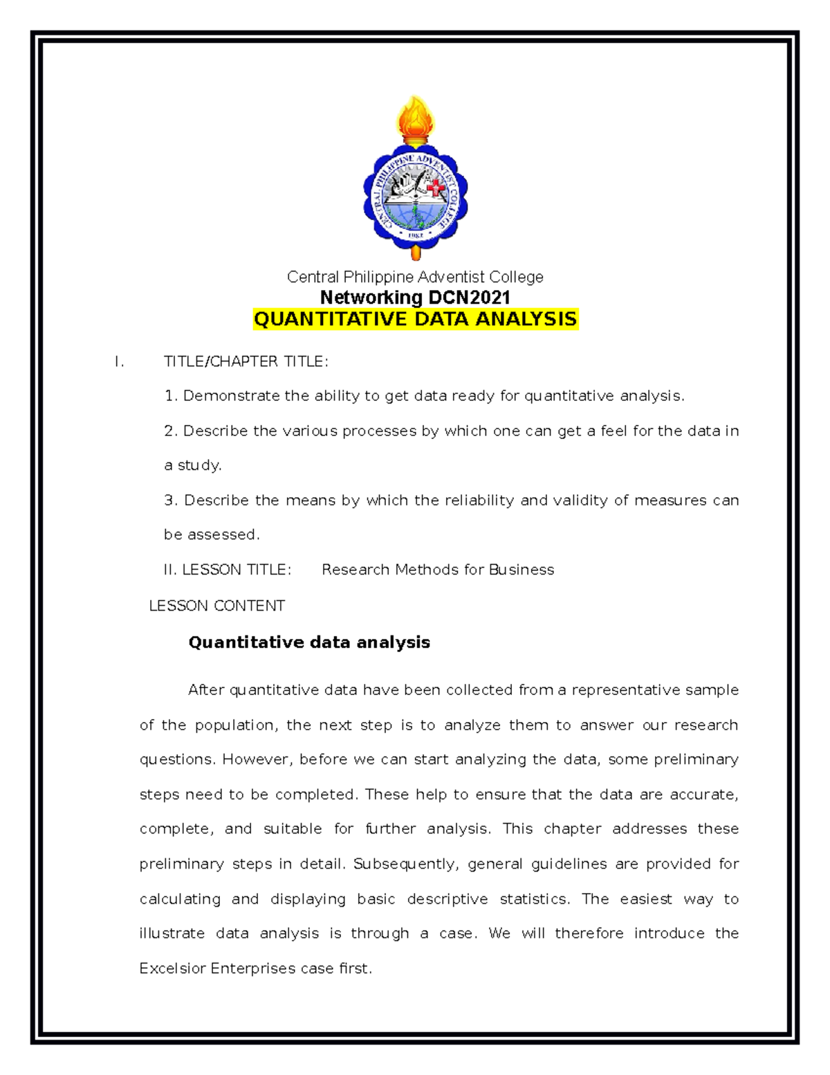 Quantitative data analysis - Central Philippine Adventist College Networking DCN QUANTITATIVE ...