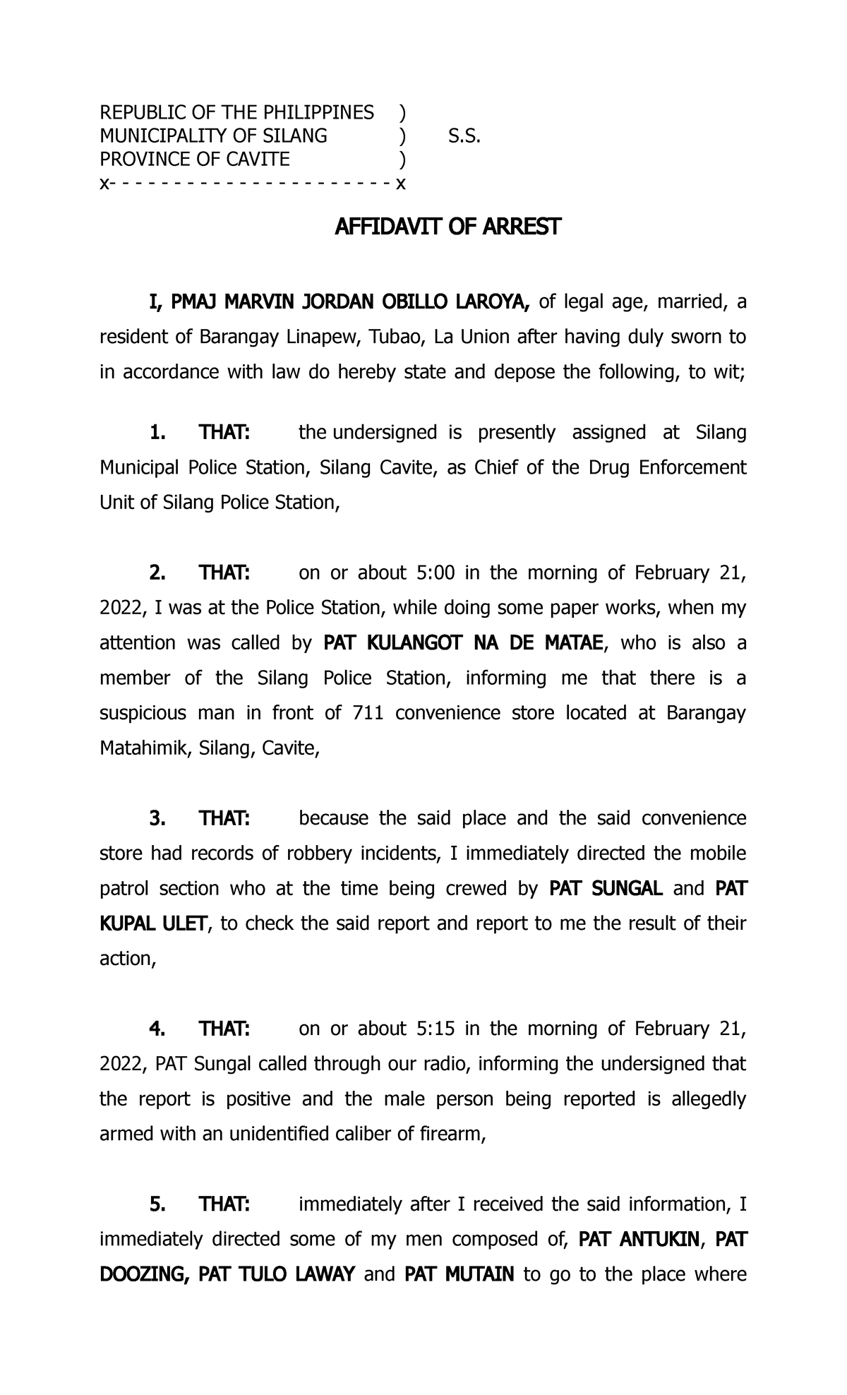 Affidavit OF Arrest- CDT 3C Laroya - REPUBLIC OF THE PHILIPPINES ...