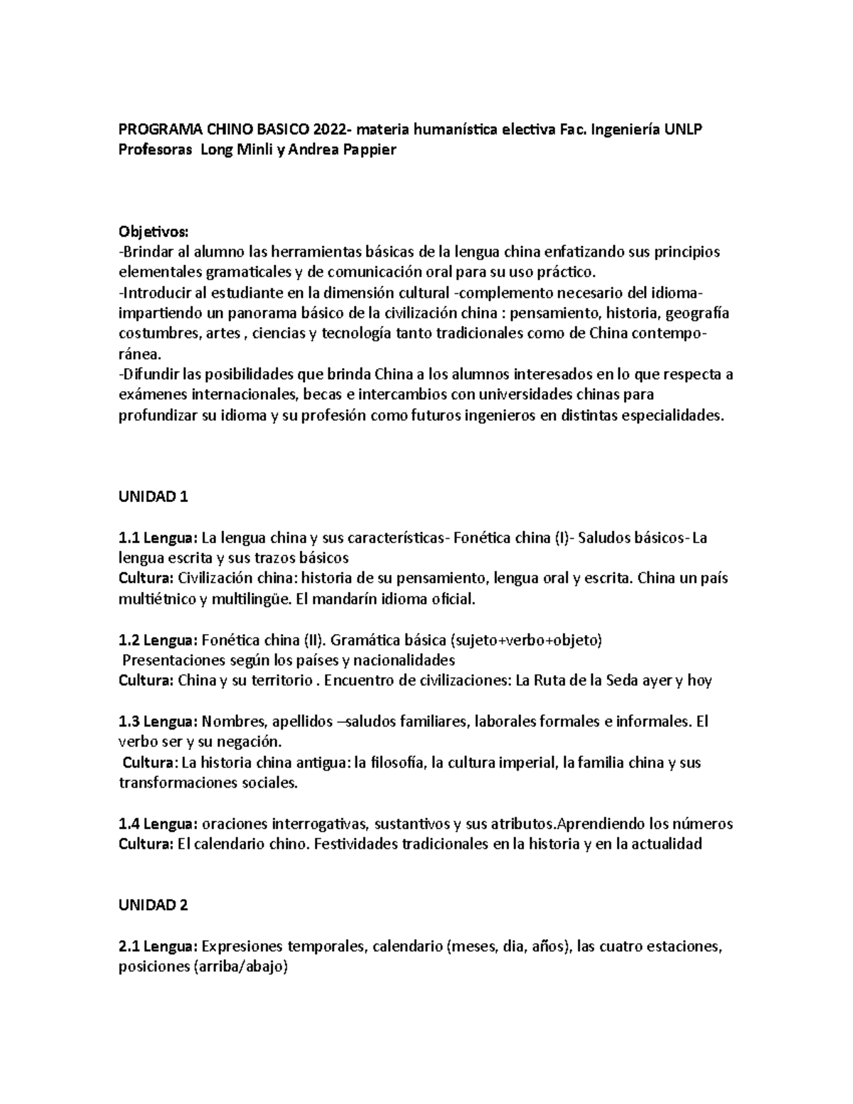 Chino básico- programa 2022 - PROGRAMA CHINO BASICO 2022 - materia ...