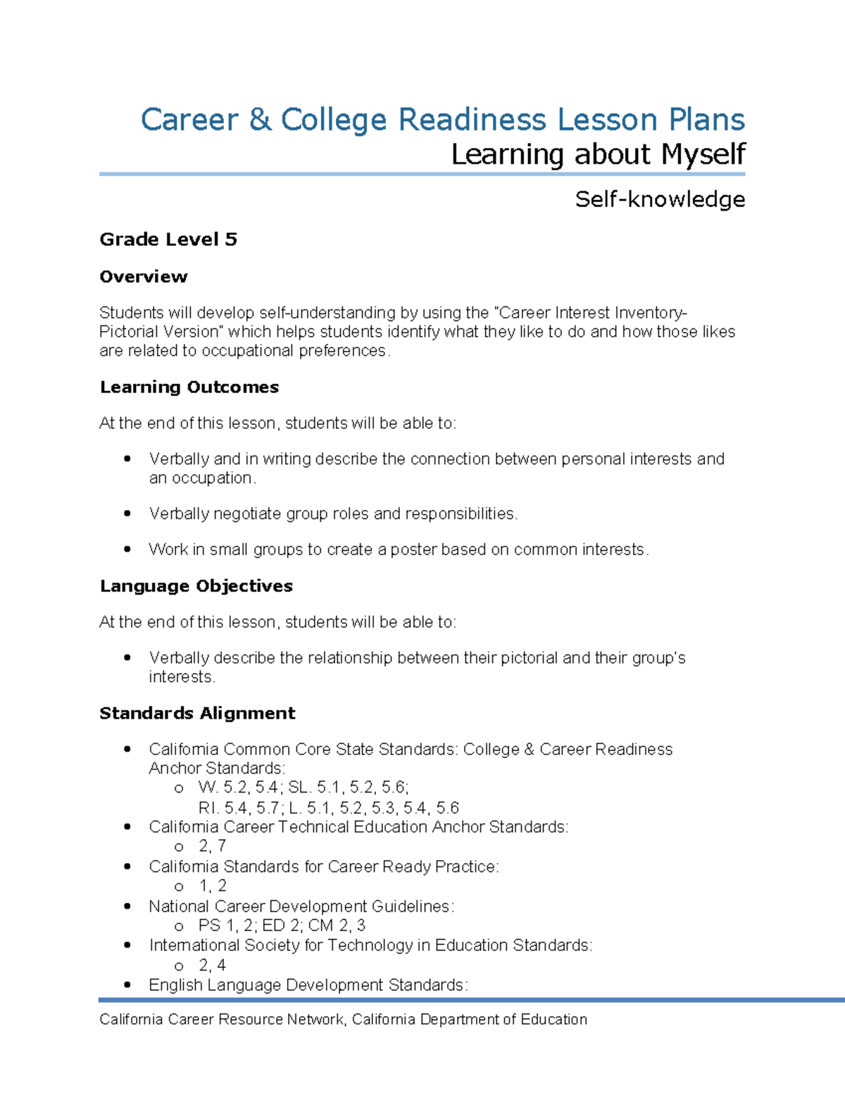 Day1 Lesson Plan Career Interest - Career & College Readiness Lesson ...