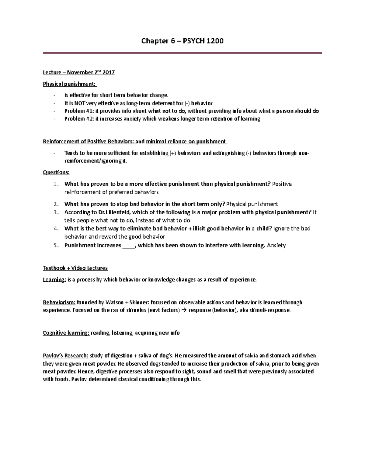 Chapter 6 – Psych 1200 - Lecture notes 6 - Chapter 6 – PSYCH 1200 ...