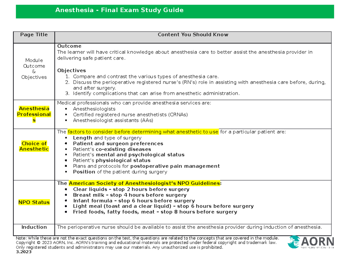 Study Guide Anesthesia - Page Title Content You Should Know Module ...