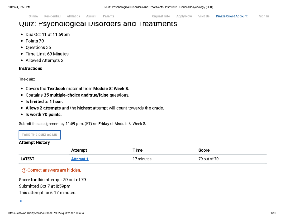 Quiz Psychological Disorders and Treatments PSYC101 General Psychology ...