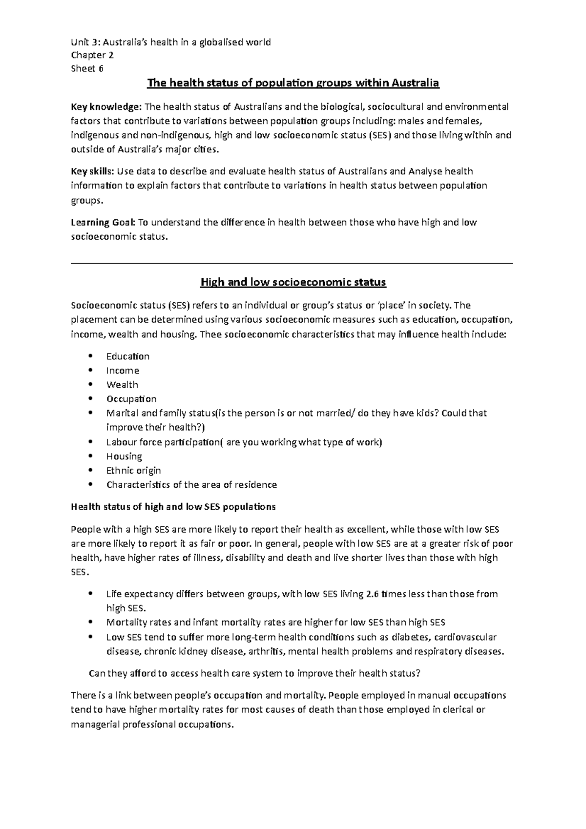 Lesson 6 - health status of population groups in Australia SES ...