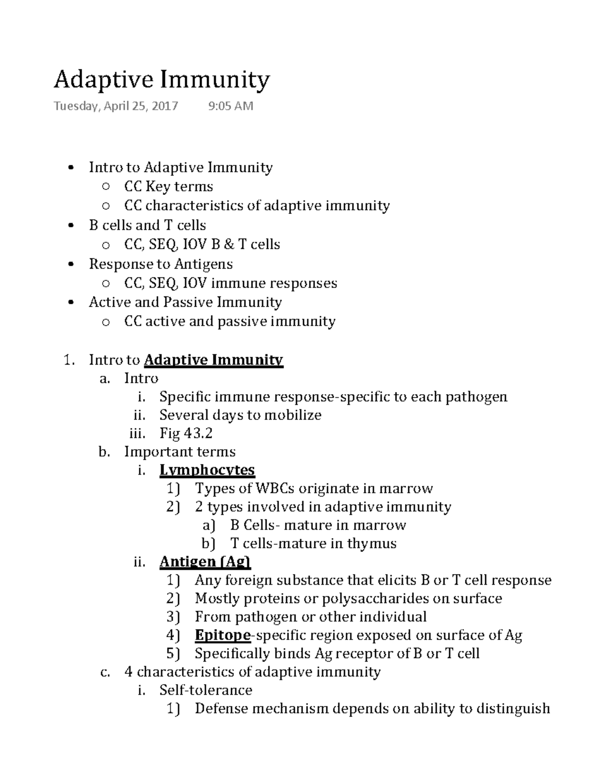 Adaptive Immunity - Lecture notes 23 - Adaptive Immunity Tuesday, April ...