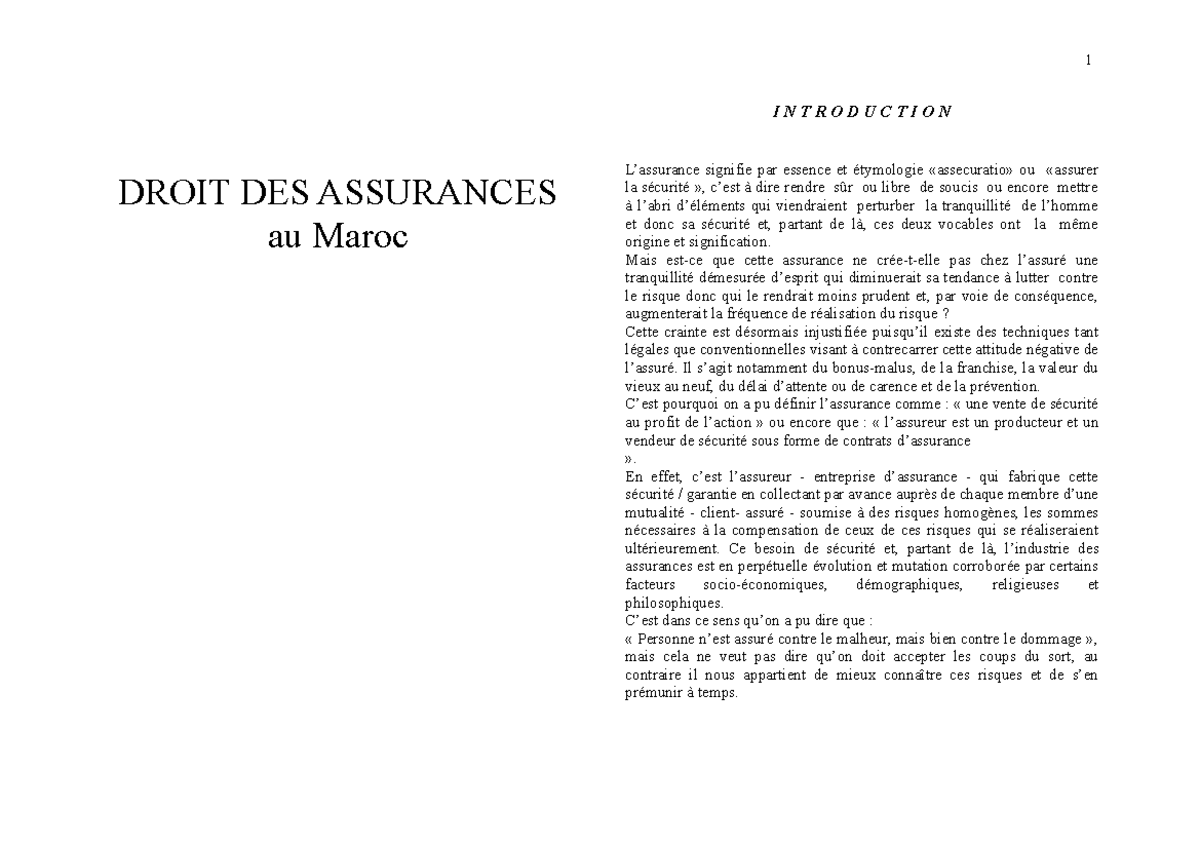 Cours Droit des Assurances - DROIT DES ASSURANCES au Maroc I N T R O D ...