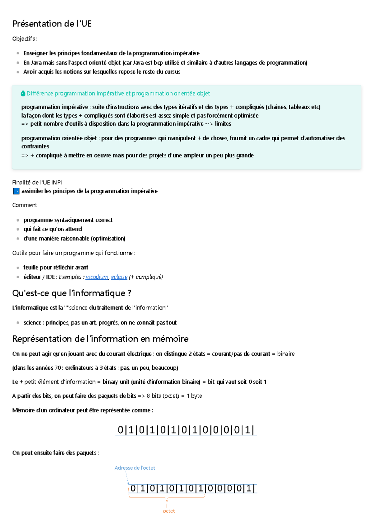 CM INF1 - Introduction à l'informatique et à Java - Présentation de l'UE Objectifs : Enseigner ...