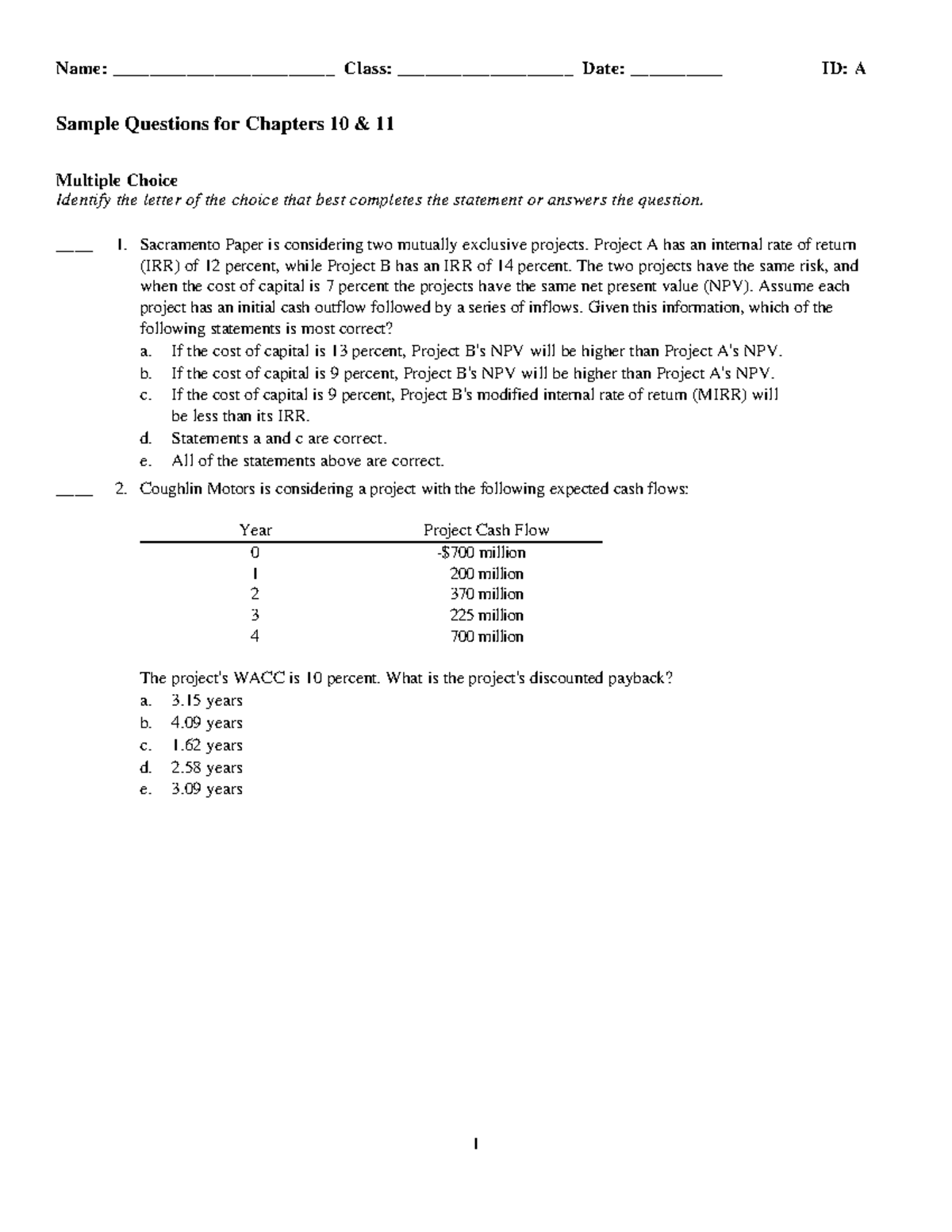 Sample Questions - Chapters 10 and 11 - Name ...
