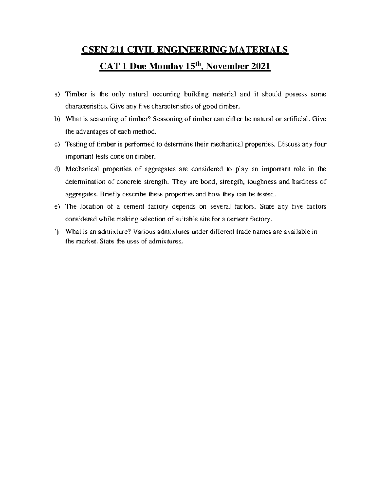 CSEN 211 Civil Engineering Materials CAT 1 - CSEN 211 CIVIL ENGINEERING ...