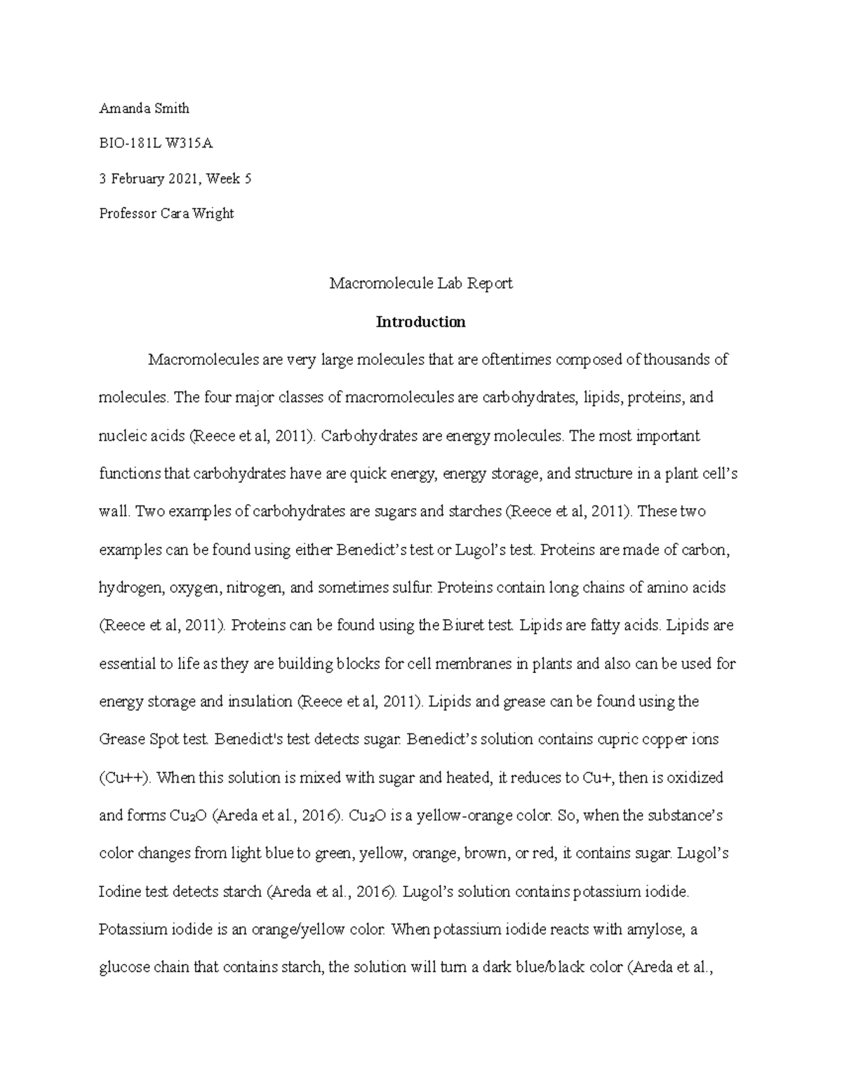Macromolecule Lab Report - Amanda Smith BIO-181L W315A 3 February 2021 ...