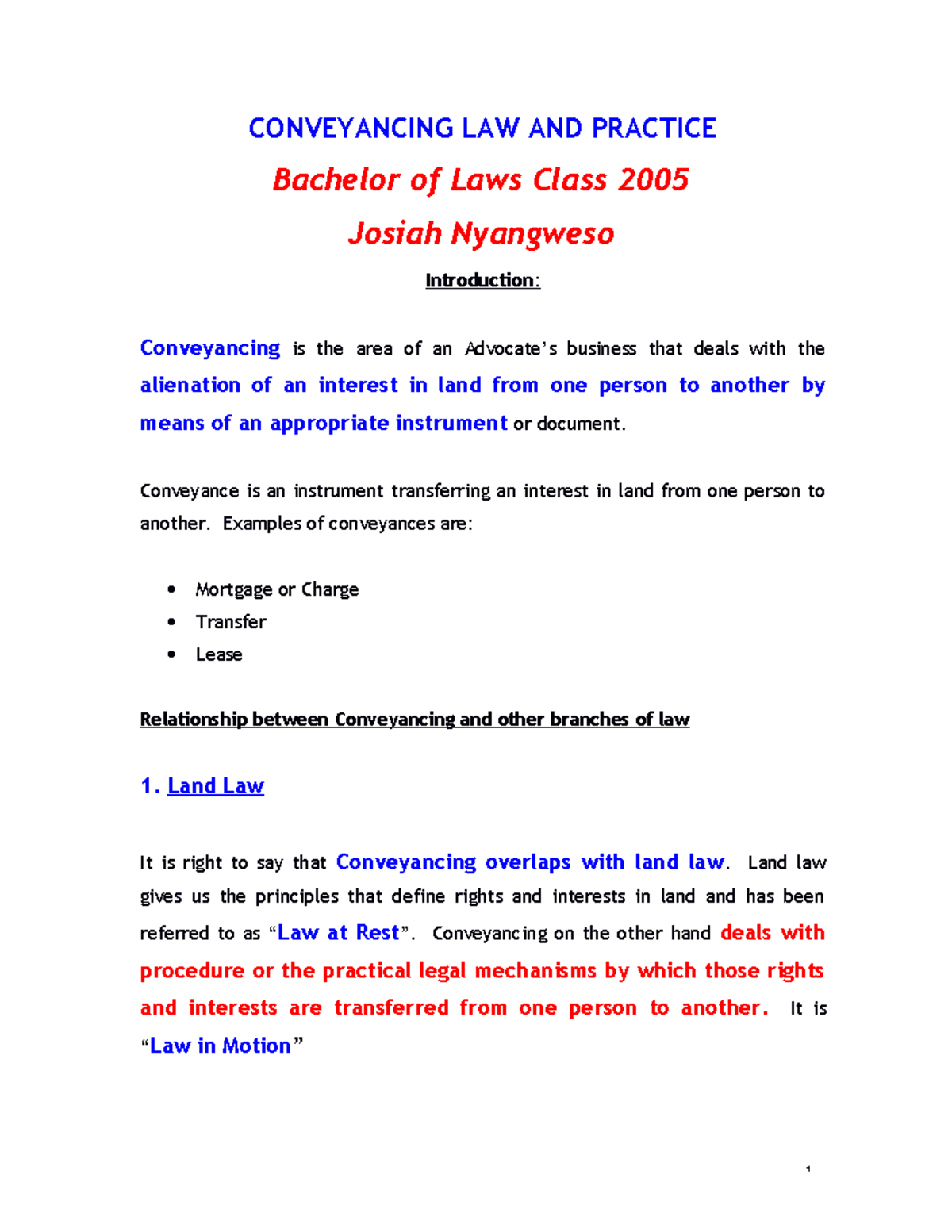 Conveyancing Notes First Three lectures - CONVEYANCING LAW AND PRACTICE ...