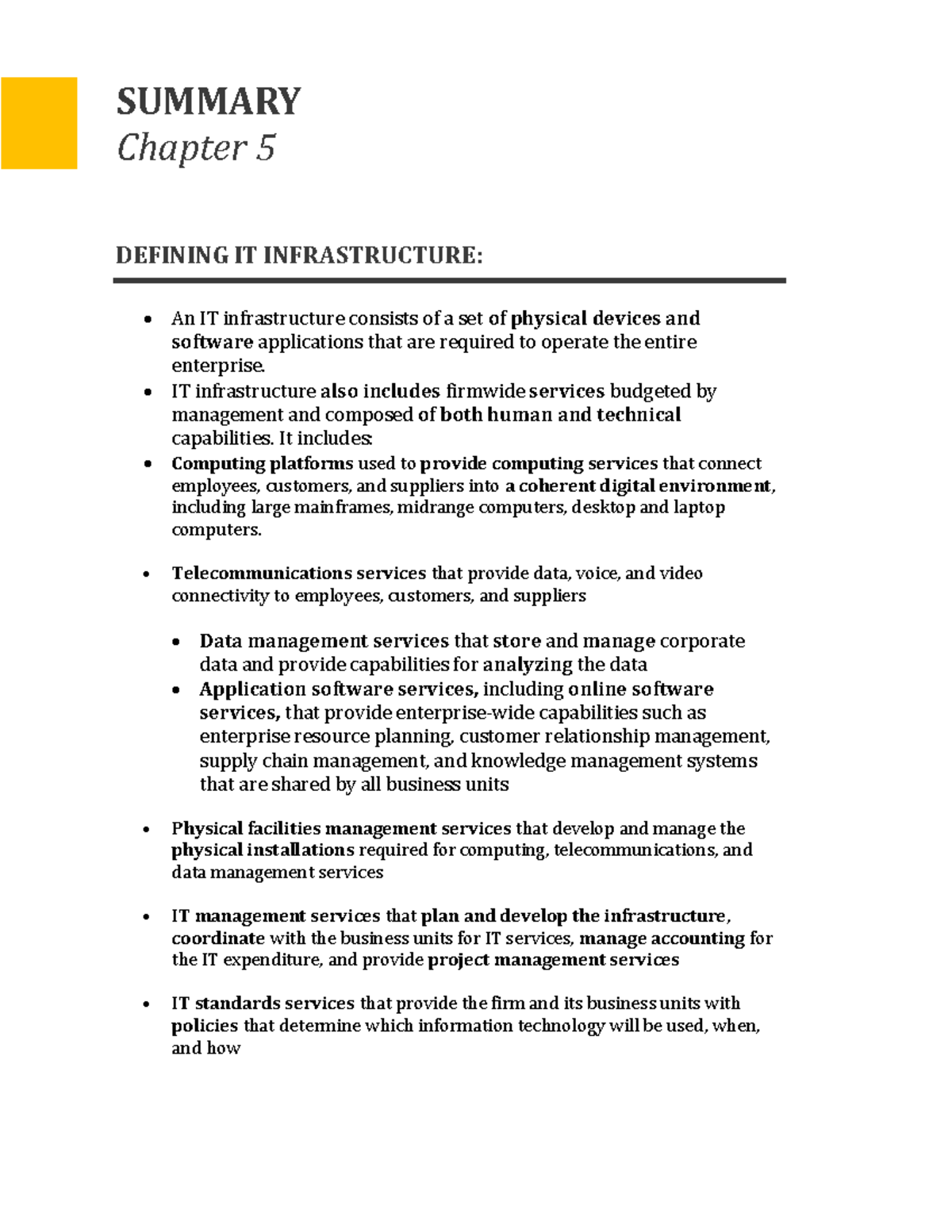 Summary 5 - SUMMARY Chapter 5 DEFINING IT INFRASTRUCTURE: An IT ...