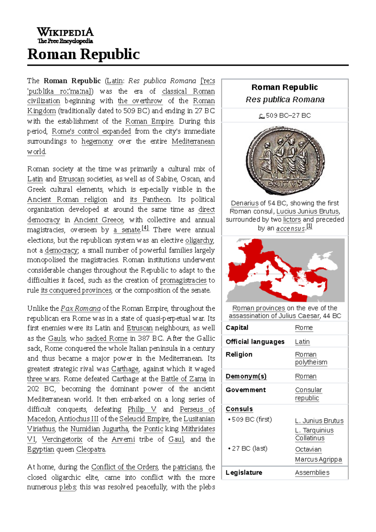 Roman Republic - Roman Republic Res publica Romana c. 509 BC–27 BC ...