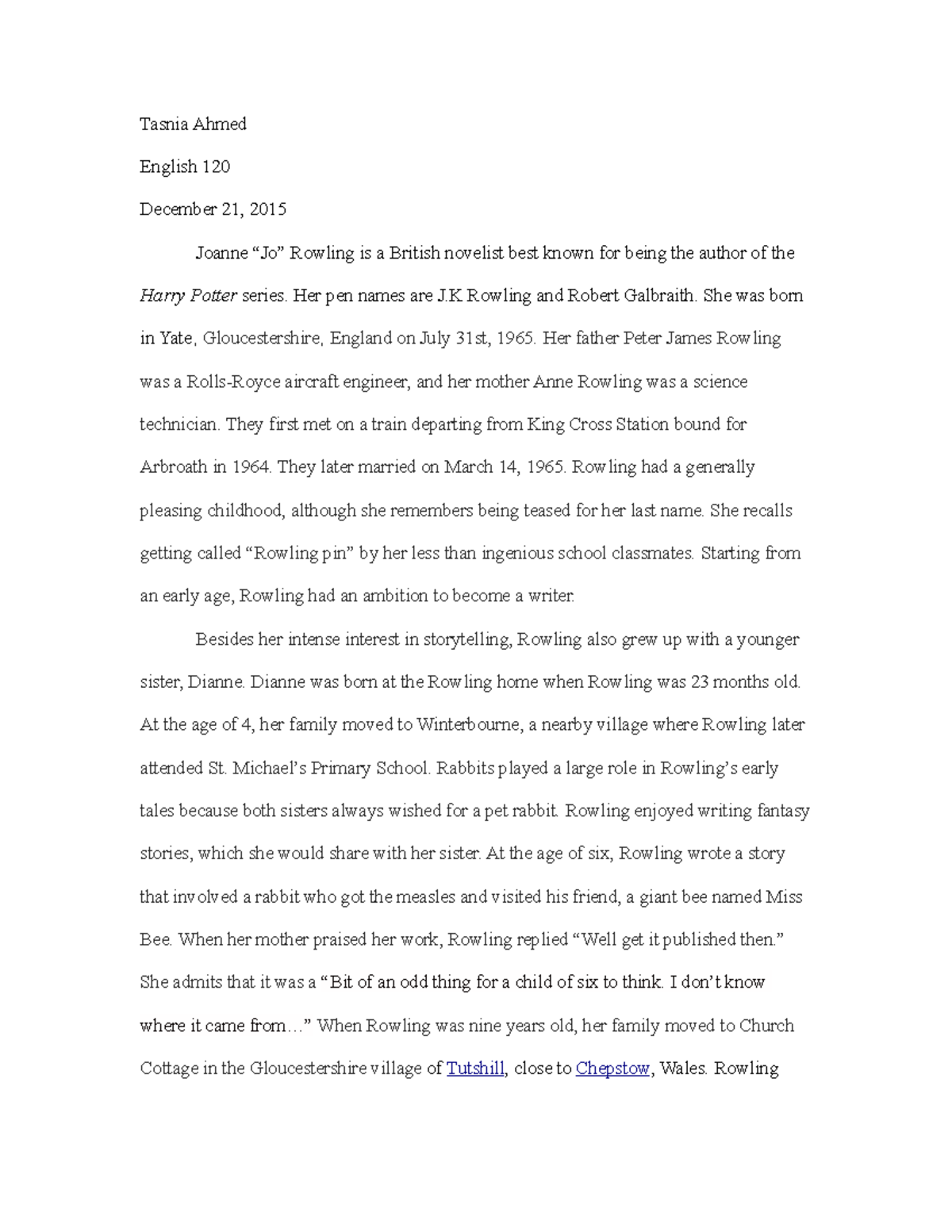 JK Rowling notes - Tasnia Ahmed English 120 December 21, 2015 Joanne ...