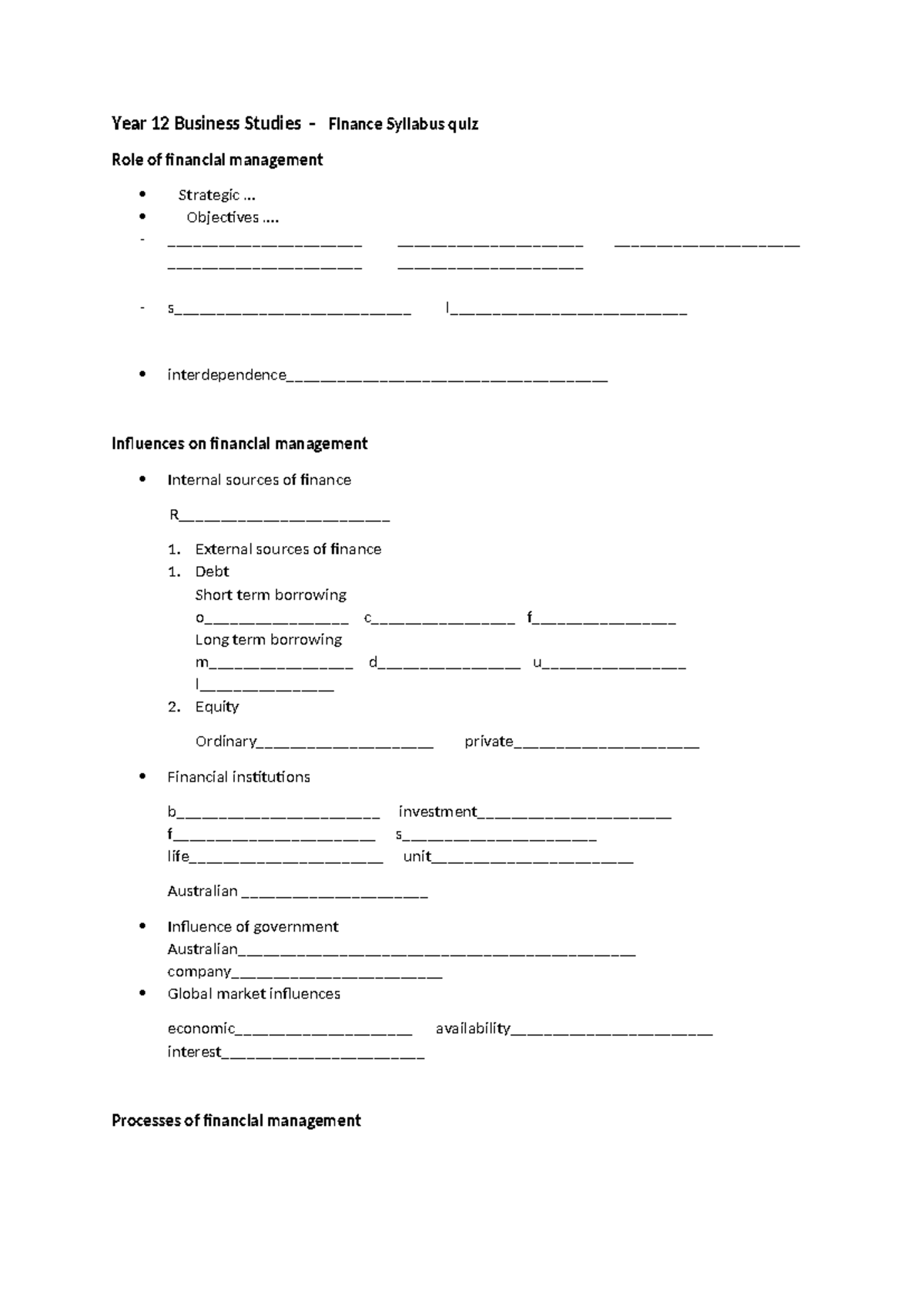Year 12 Finance syllabus quiz-1-1 - Year 12 Business Studies - Finance ...